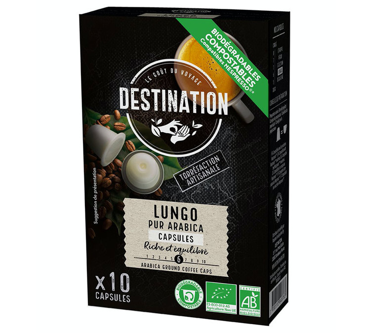 10 capsules compostables Lungo Bio compatibles Nespresso Destination