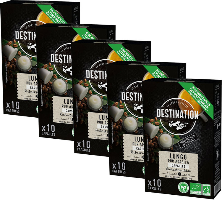 50 capsules compostables Lungo Bio compatibles Nespresso Destination